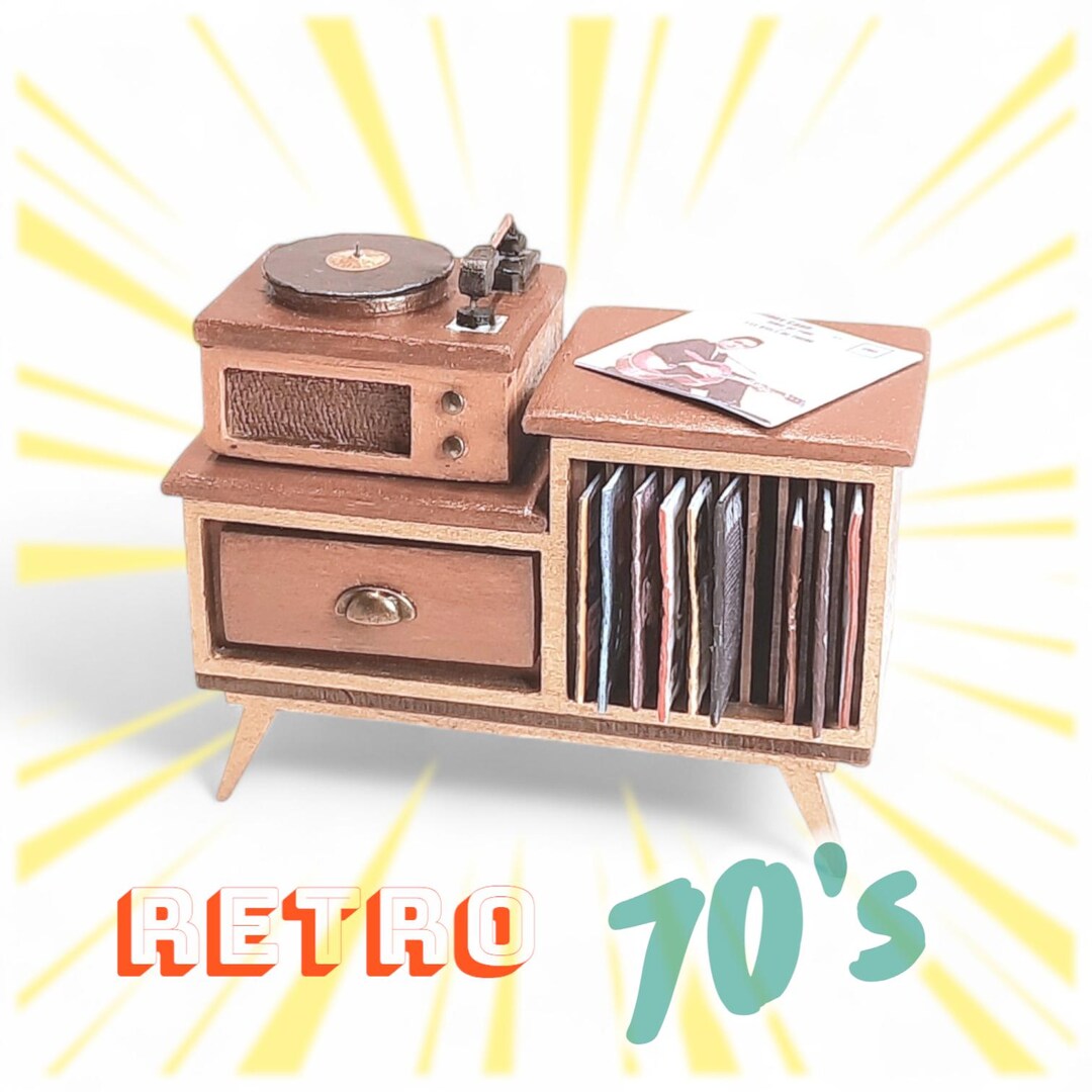 Retro Vinyl and Record Player Cabinet With 10 Albums. Miniature ...