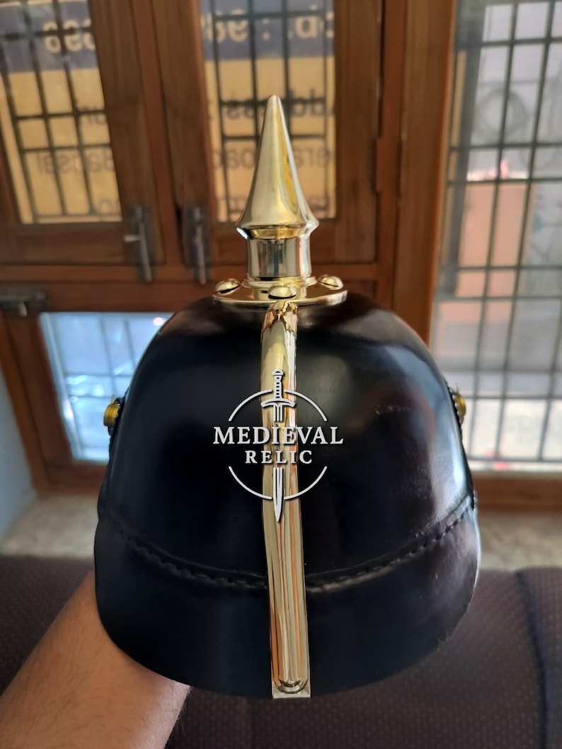 German Pickelhaube Helmet | Brass Spike Leather Replica - Etsy