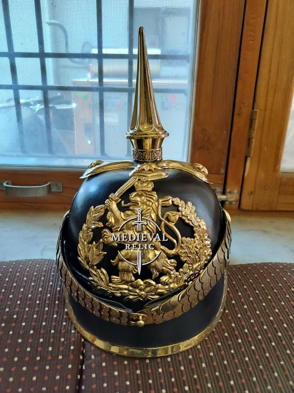 German Imperial Pickelhaube Helmet | Brass Spike Prussian Leather ...