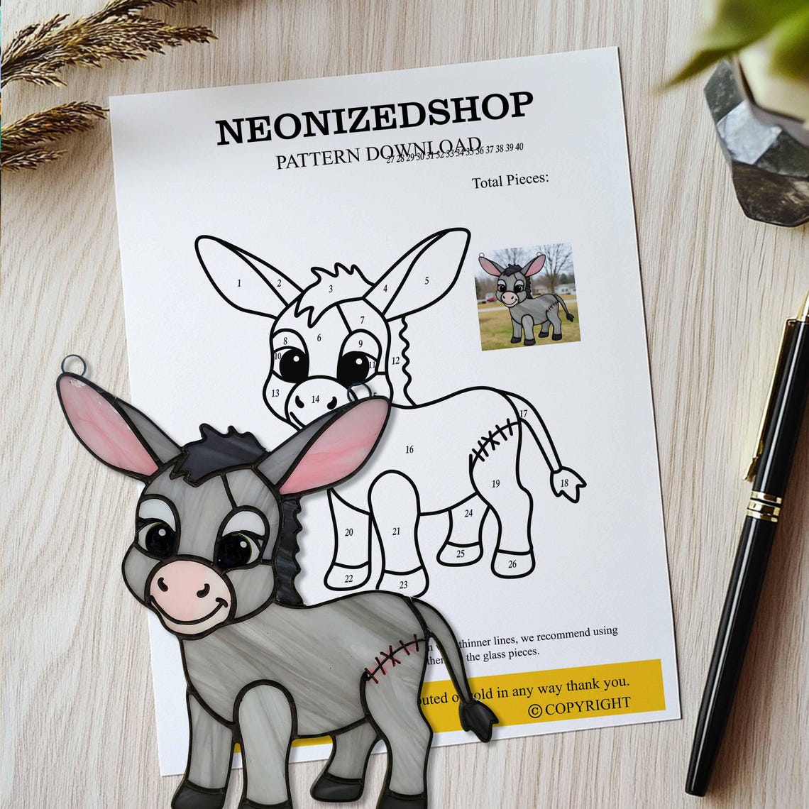 Donkey Stained Glass Pattern, Cute Donkey Stained Glass Suncatcher, DIY ...