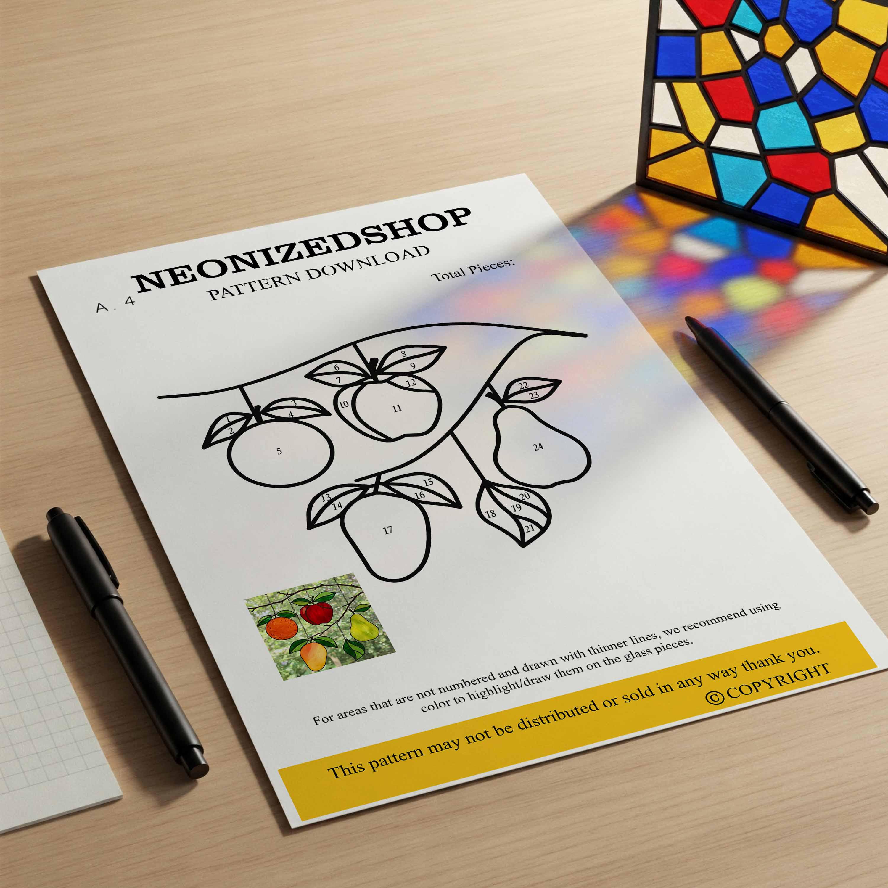 Set of 4 Fruit Stained Glass Pattern, Orange/apple/pear/mango Stained ...