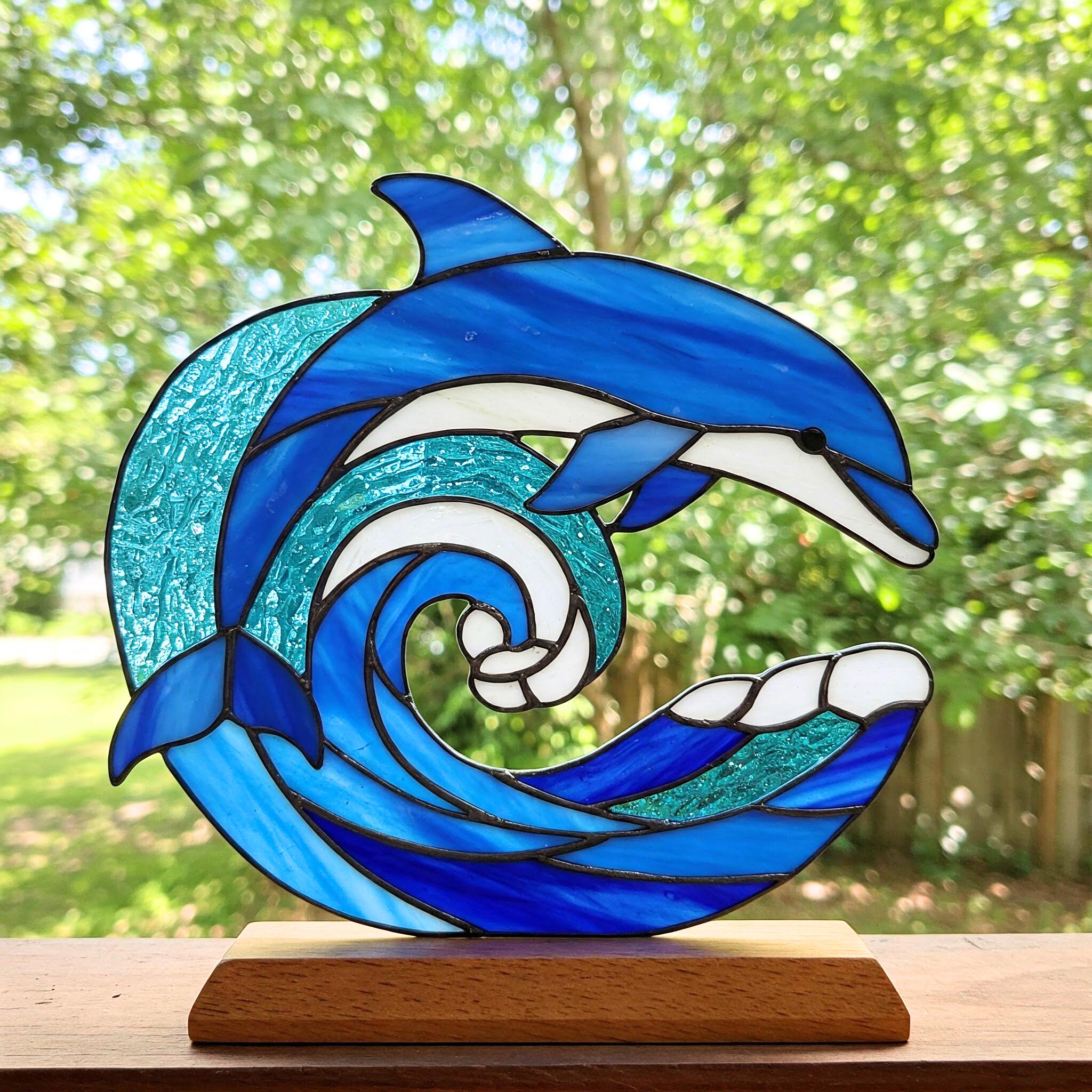 Dolphin Stained Glass Pattern, Ocean Waves Stained Glass Suncatcher ...