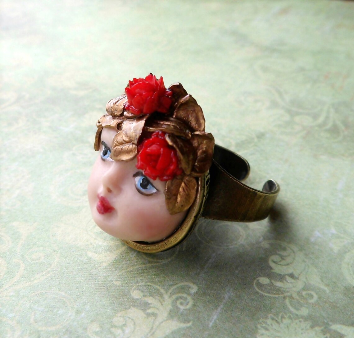 Red Flower Girl Face Ring - Etsy