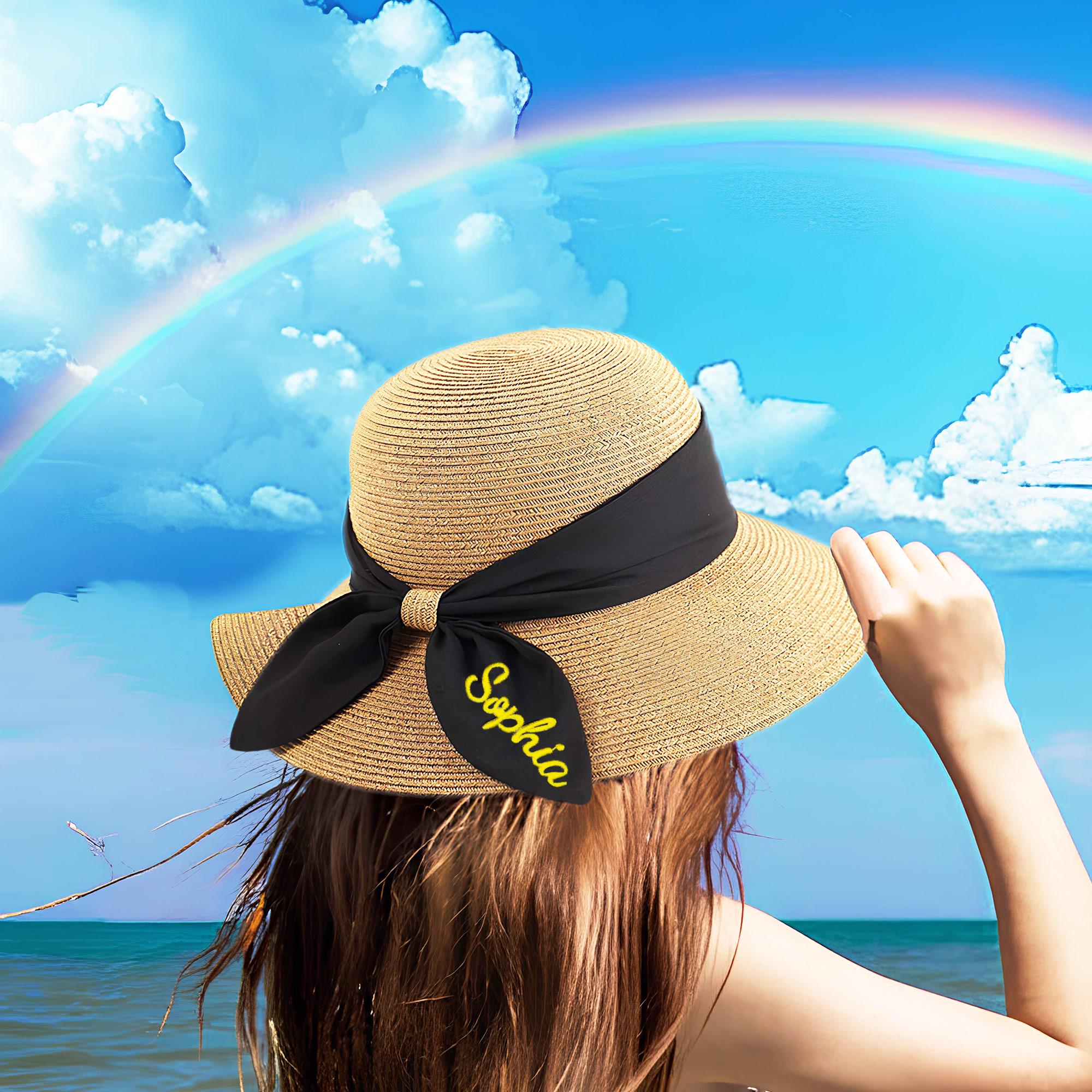 Custom Name Wide Brim Sun Hat, Personalized Name Beach Hat, Women Sun ...