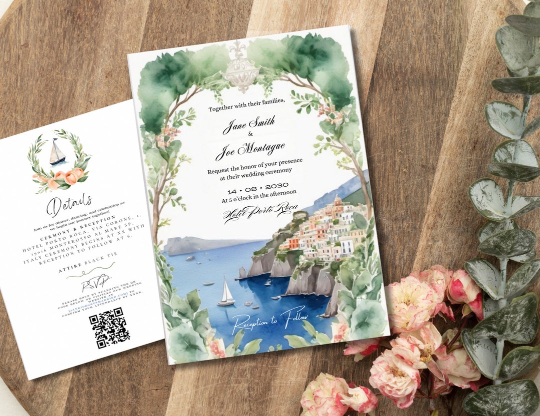 Italian Amalfi Coast Wedding Invitation Design, Watercolor Italy Beach ...