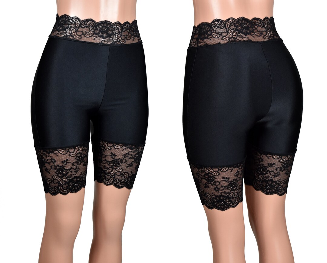 Shiny Spandex Black Stretch Lace Shorts High-waisted 8.5" Inseam XS S M ...