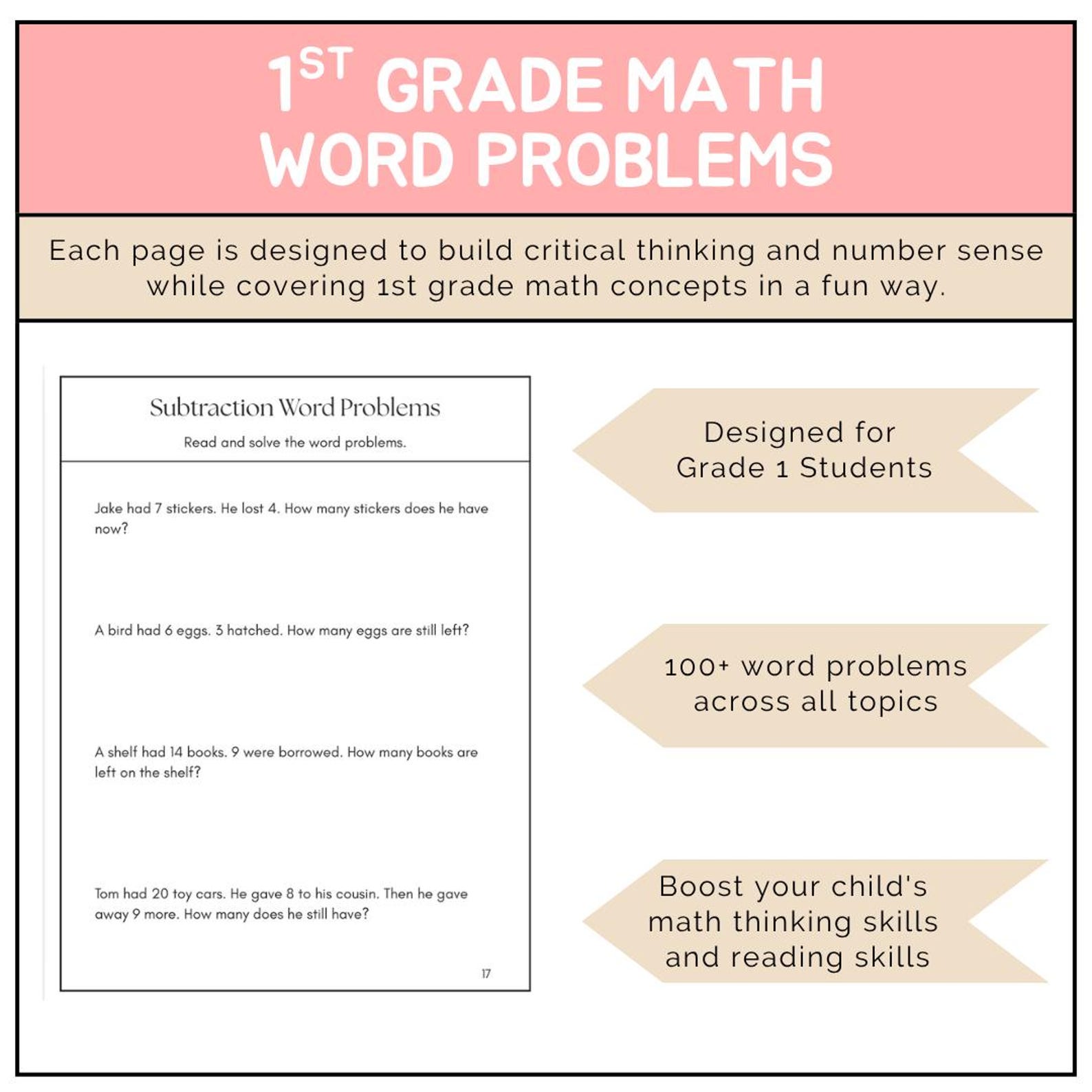 Grade 1 Math Word Problems Workbook | Reading-based Math Practice (PDF ...