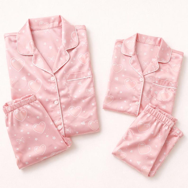 Bubble Hearts Satin Pajamas, Mommy and Me Matching Set, Sparkle Bow ...