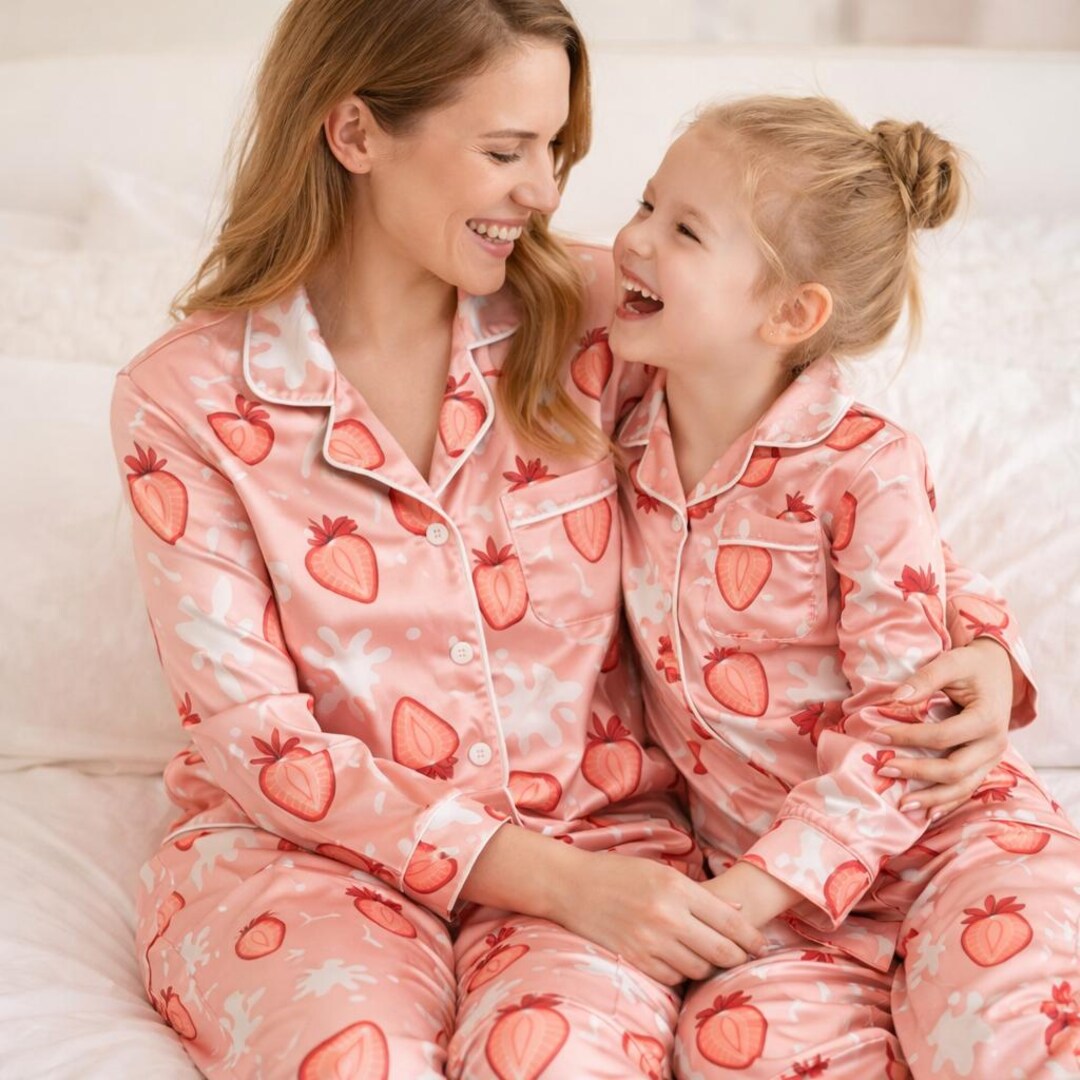 Strawberry Splash Satin Pajamas, Mommy and Me Matching Set, Milk Drop ...