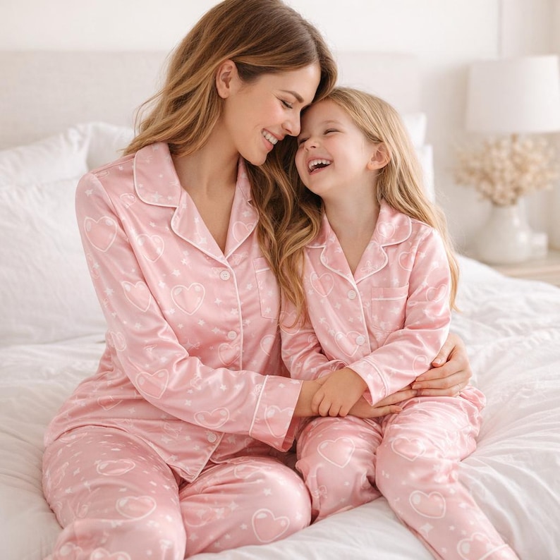 Bubble Hearts Satin Pajamas, Mommy and Me Matching Set, Sparkle Bow ...
