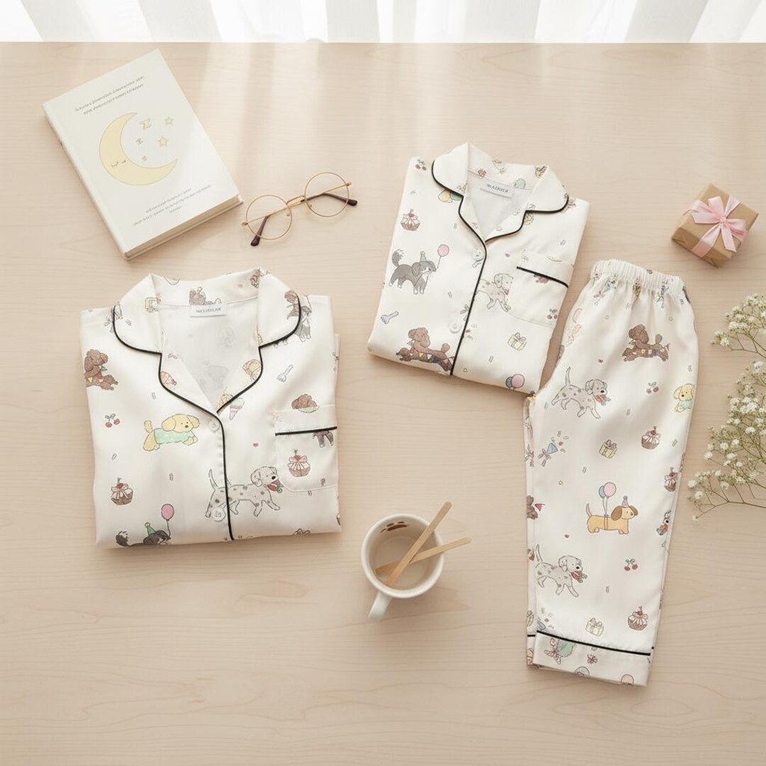 Womens Pajamas Set, Cute Birthday Dog Print Pajamas, Playful Puppy ...