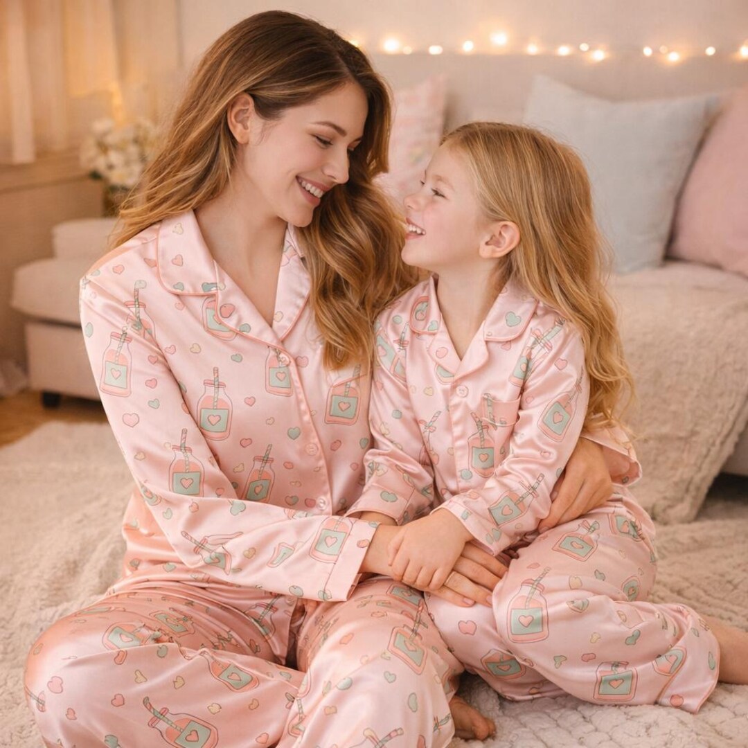 Strawberry Milk Bottle Satin Pajamas, Mommy and Me Matching Set, Kawaii ...
