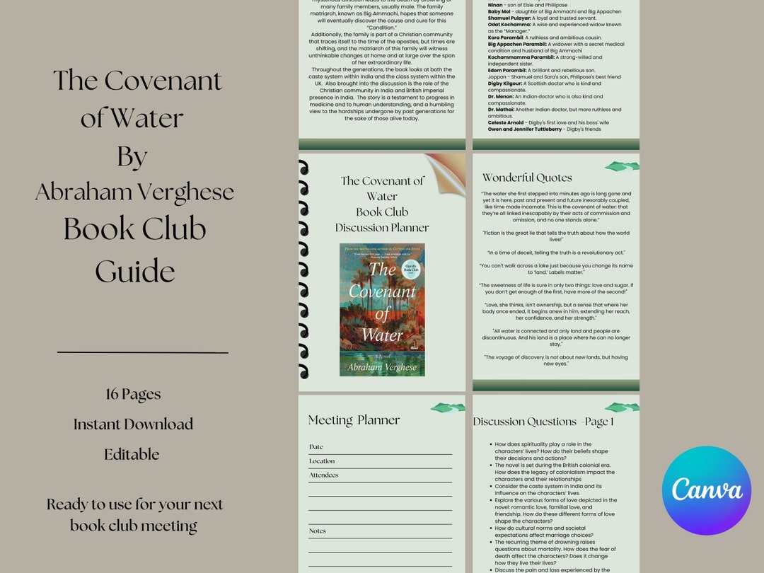 The Covenant of Water by Abraham Verghese, Book Club Guide Planner - Etsy