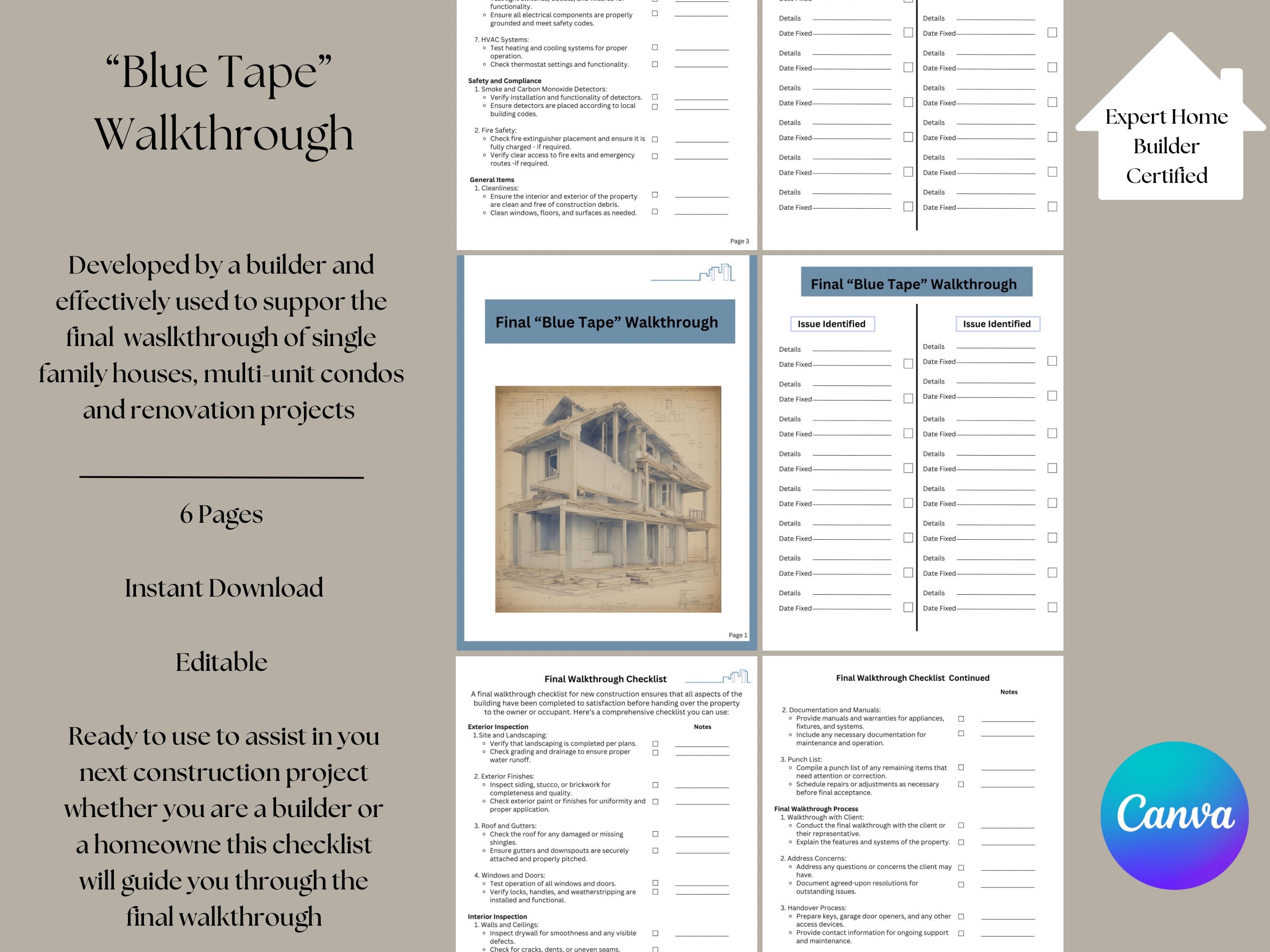 Construction Checklist | New Home Blue Tape Walkthrough Checklist ...