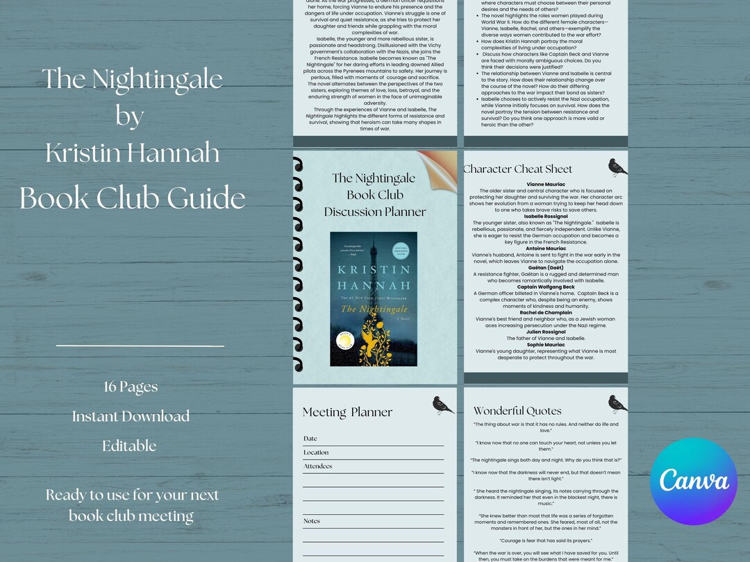 The Nightingale by Kristin Hannah, Book Club Guide Planner - Etsy