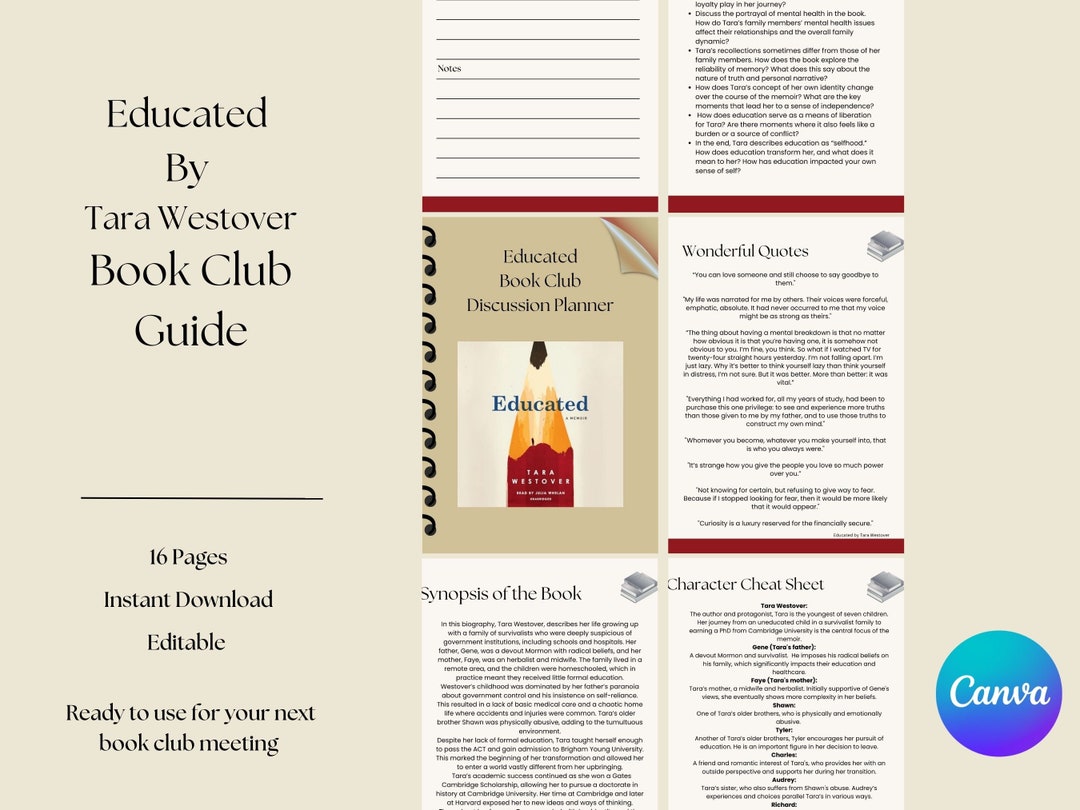 Educated by Tara Westover, Book Club Guide Planner - Etsy