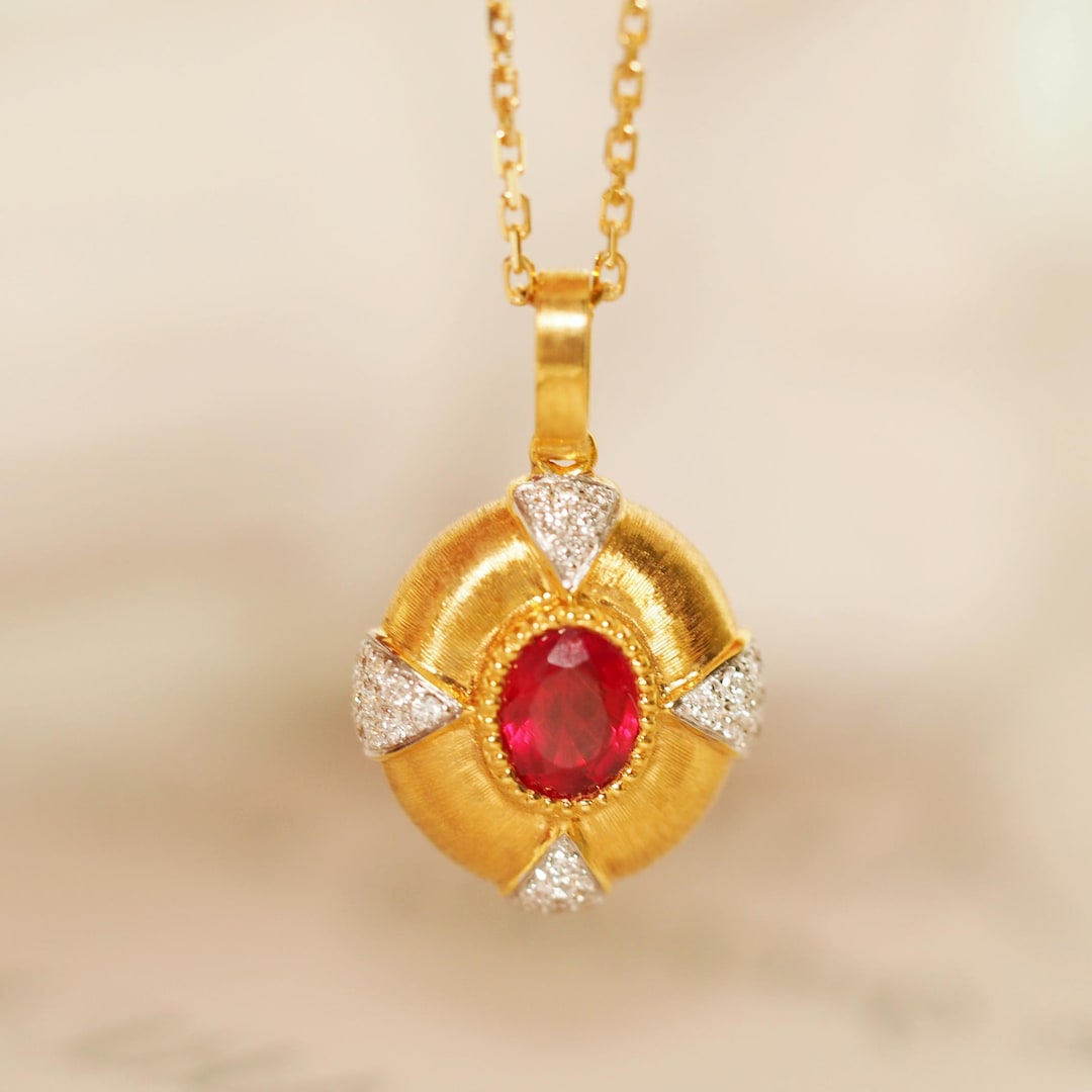 Pigeon Blood Red Ruby Pendant, 18k Solid Gold Pendant, Brushed Gold ...