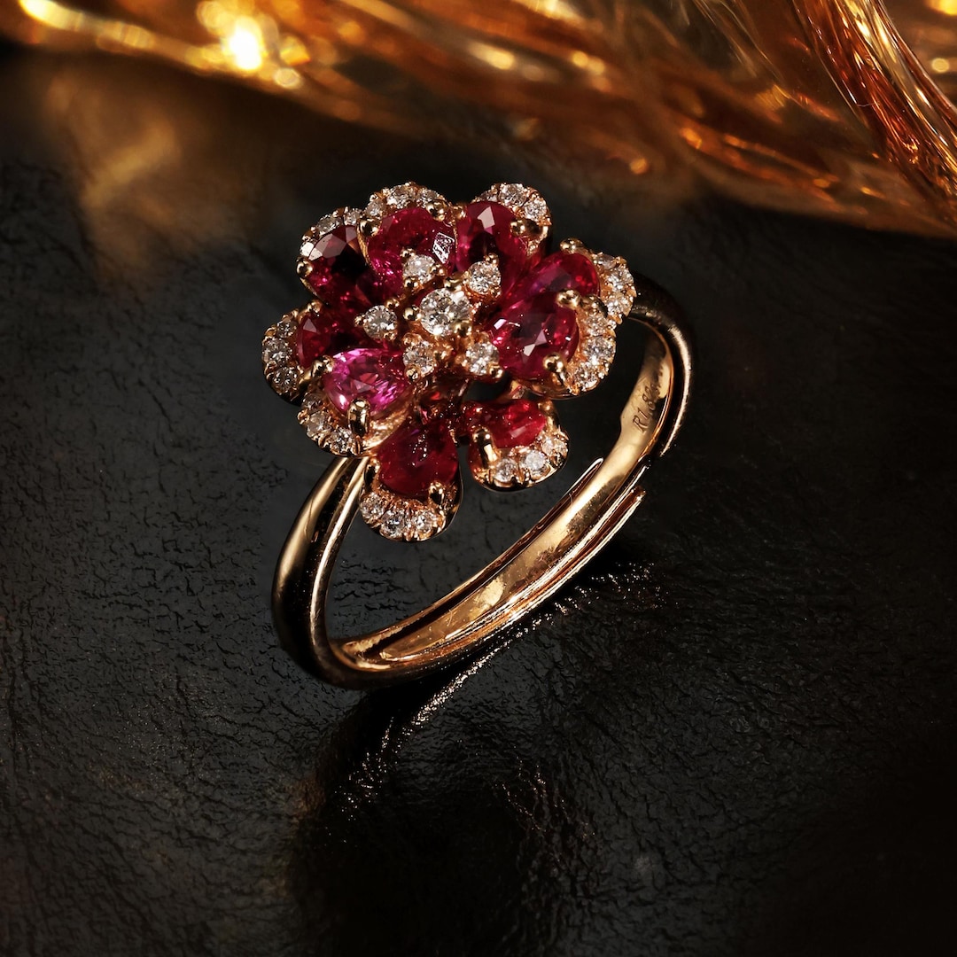 Natural Ruby Flower Ring, 18k Solid Gold Ring, Unique Engagement Ring ...