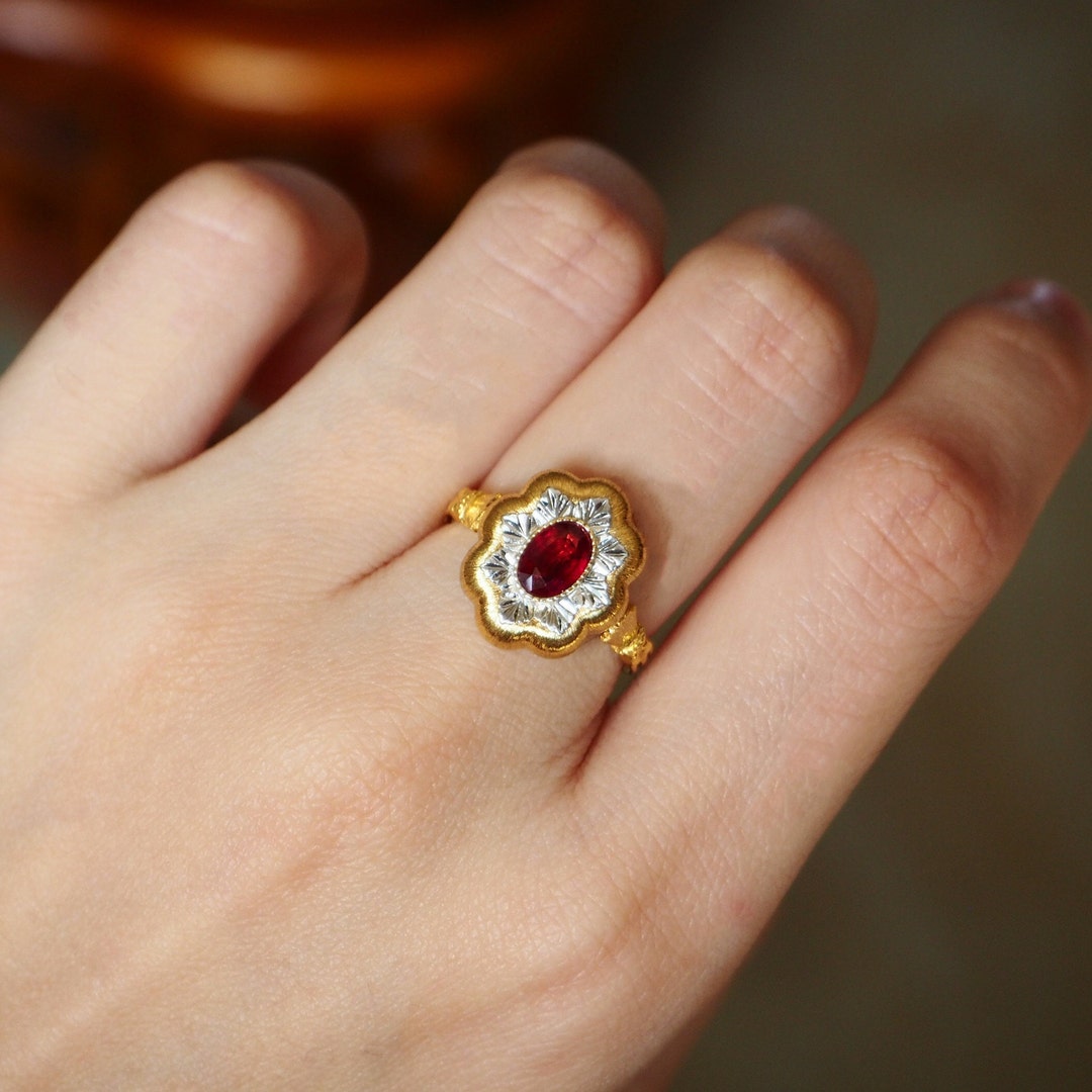 Brushed Gold Ruby Ring , 18k Solid Gold Ring, 0.53ct Pigeon Blood Red ...