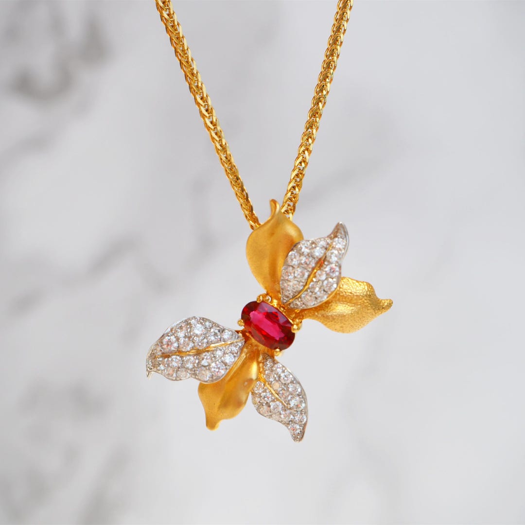Ruby Butterfly Pendant Necklace, Gold Vermeil & Sterling Silver, Floral ...