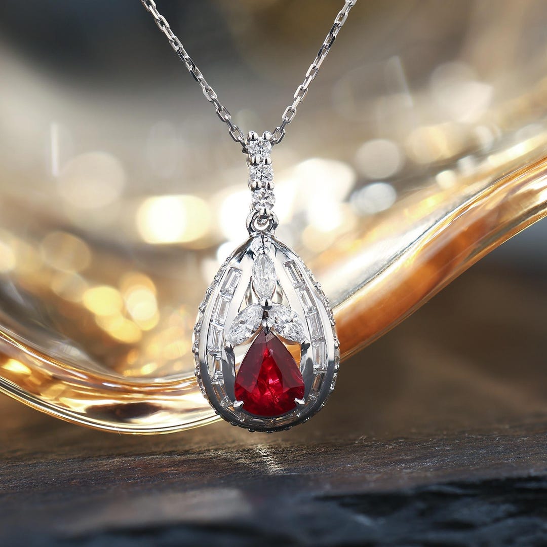 Pigeon Blood Red Ruby Pendant, 18k Solid Gold Necklace, Diamond Halo ...