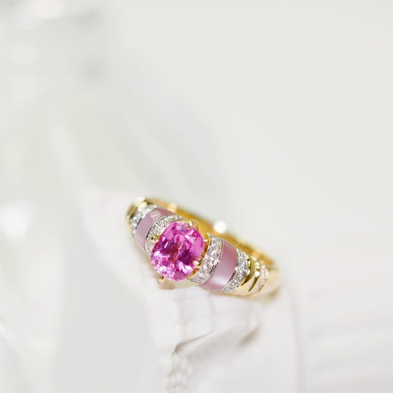 Pink Sapphire Ring, Diamond & Enamel Band, 18K Gold, Oval Gemstone Ring ...