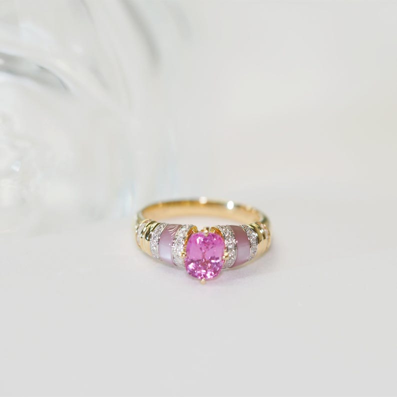 Pink Sapphire Ring, Diamond & Enamel Band, 18K Gold, Oval Gemstone Ring ...