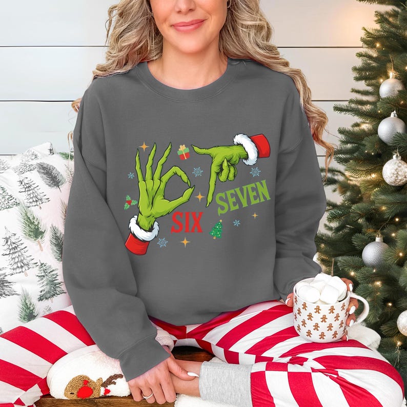 Funny 67 Six Seven Meme Christmas Sweatshirt, Grinch Hand Holiday ...
