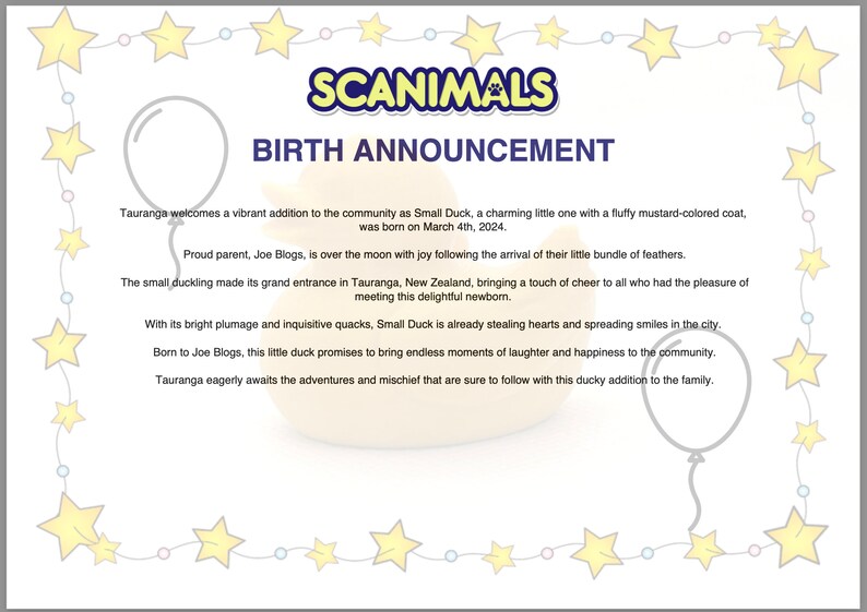 Medium Duck Birth Certificate & Birth Announcement - Etsy
