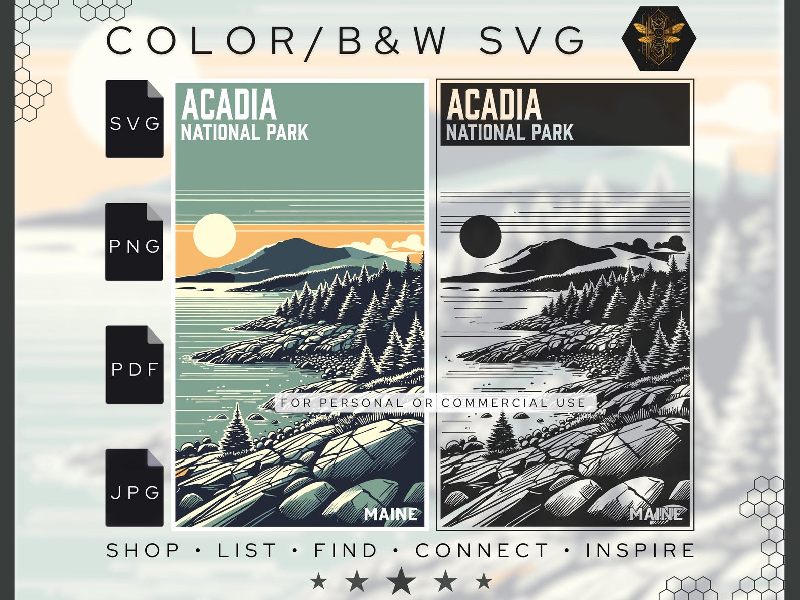 Acadia National Park Maine Color SVG and Black & White | Acadia ...