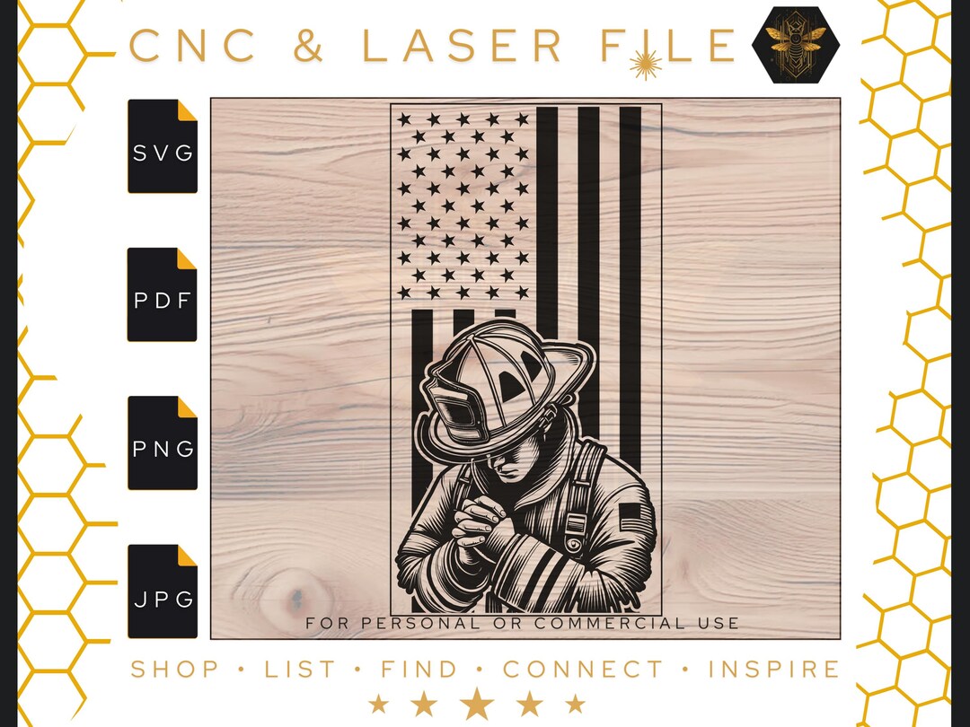 Fireman Praying Vertical American Flag Cnc & Laser Engraving File ...