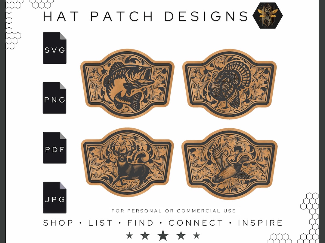 Scrollwork Hunter Hat Patch Designs: Deer, Bass, Turkey, Duck (digital ...