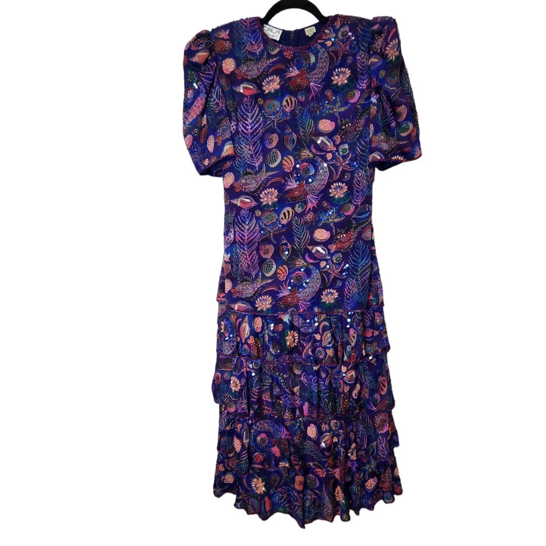 Vintage 80s Scala Fish Shell Evening Dress Large Sequin Ocean Novelty ...