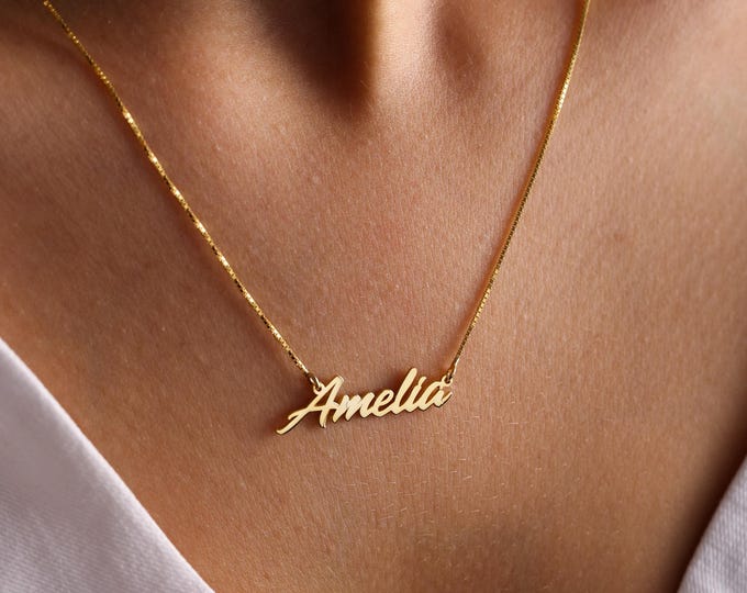 14k Gold Name Necklace , Box Chain Name Necklace , Dainty Name Necklace ...