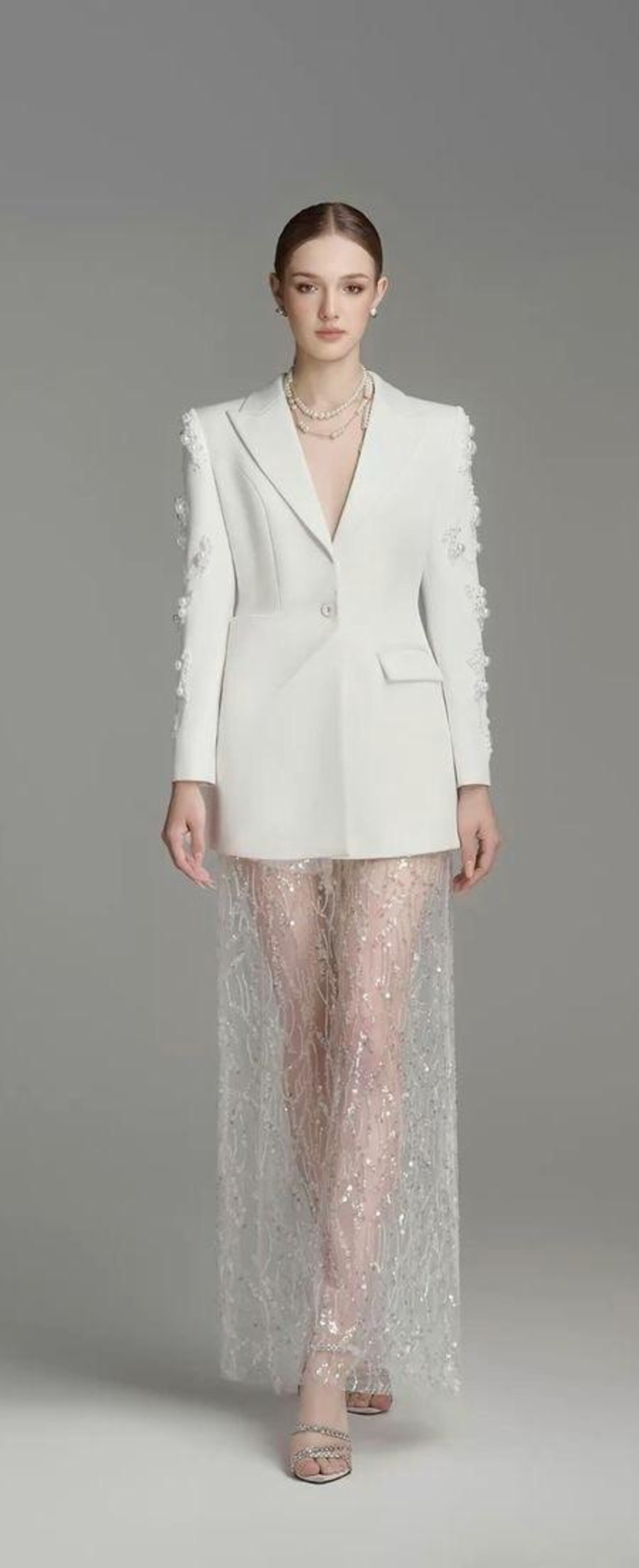 Hand Embroidered Pearl Blazer Dress: White Net Trail Couture - Etsy