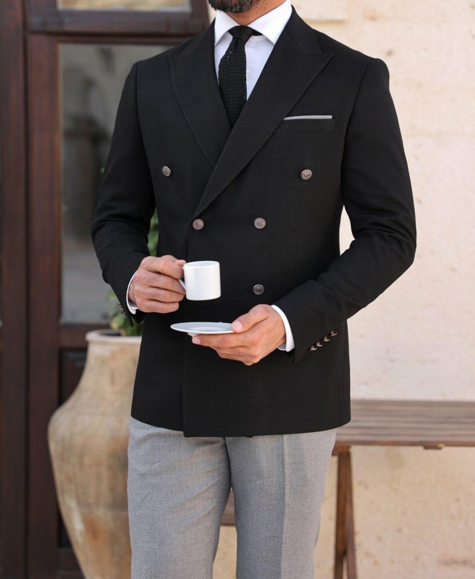 Custom Black Double Breasted Blazer With Grey Trousers: Handmade ...