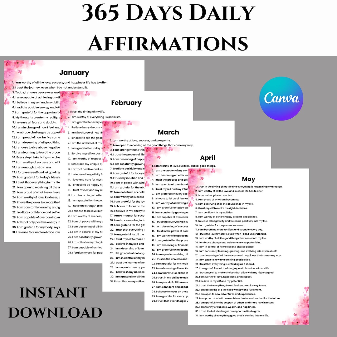 365 Days Daily Affirmations Printable Bundle, Journal, Minimalist, Self ...