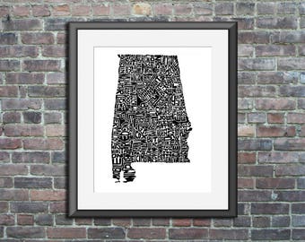 Alabama Typography Map Art FRAMED Print Customizable State | Etsy