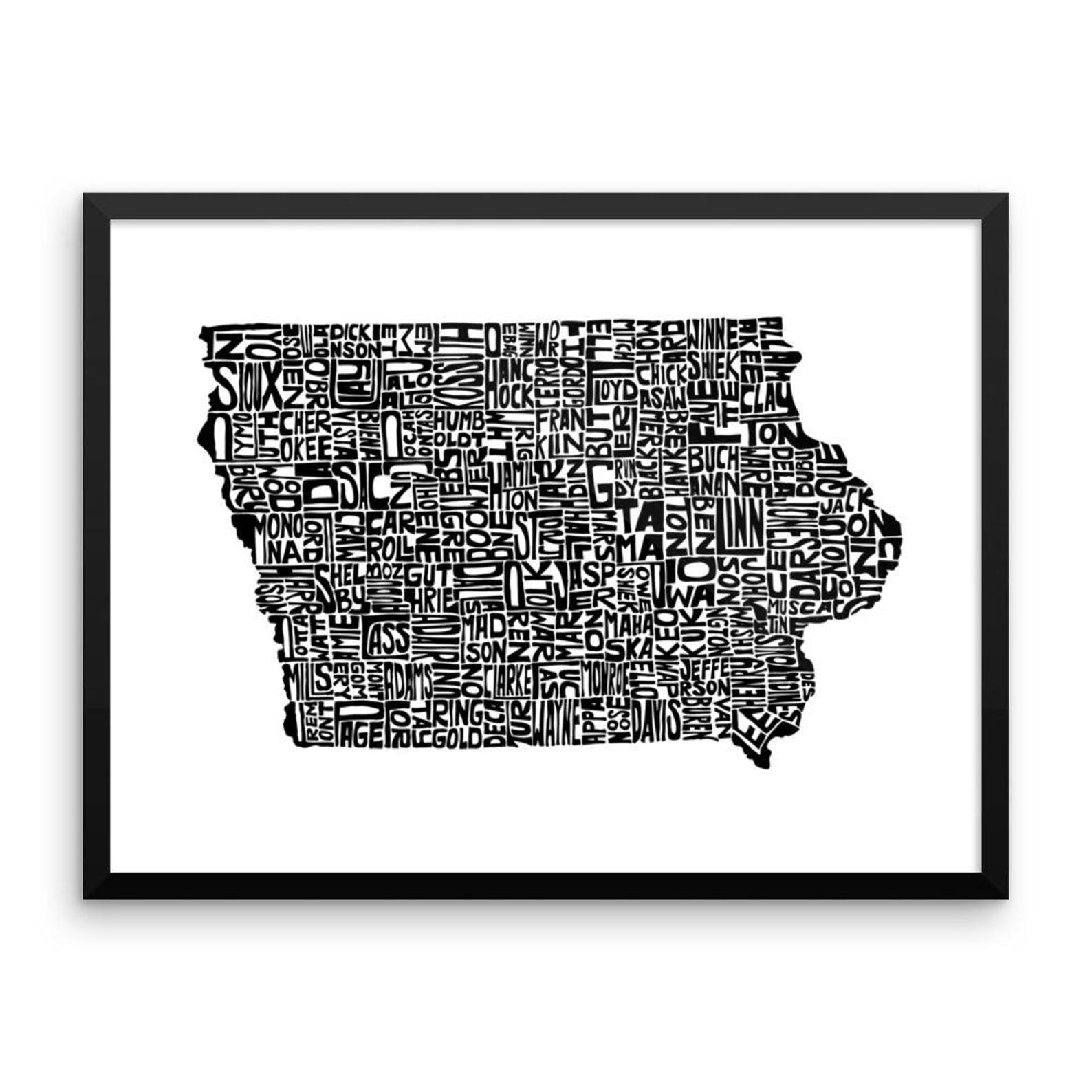 Iowa Typography Map Art FRAMED Print Customizable Personalized | Etsy