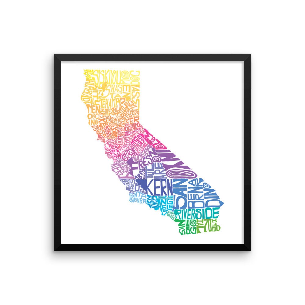 California Typography Map Art FRAMED Print Custom State Poster | Etsy