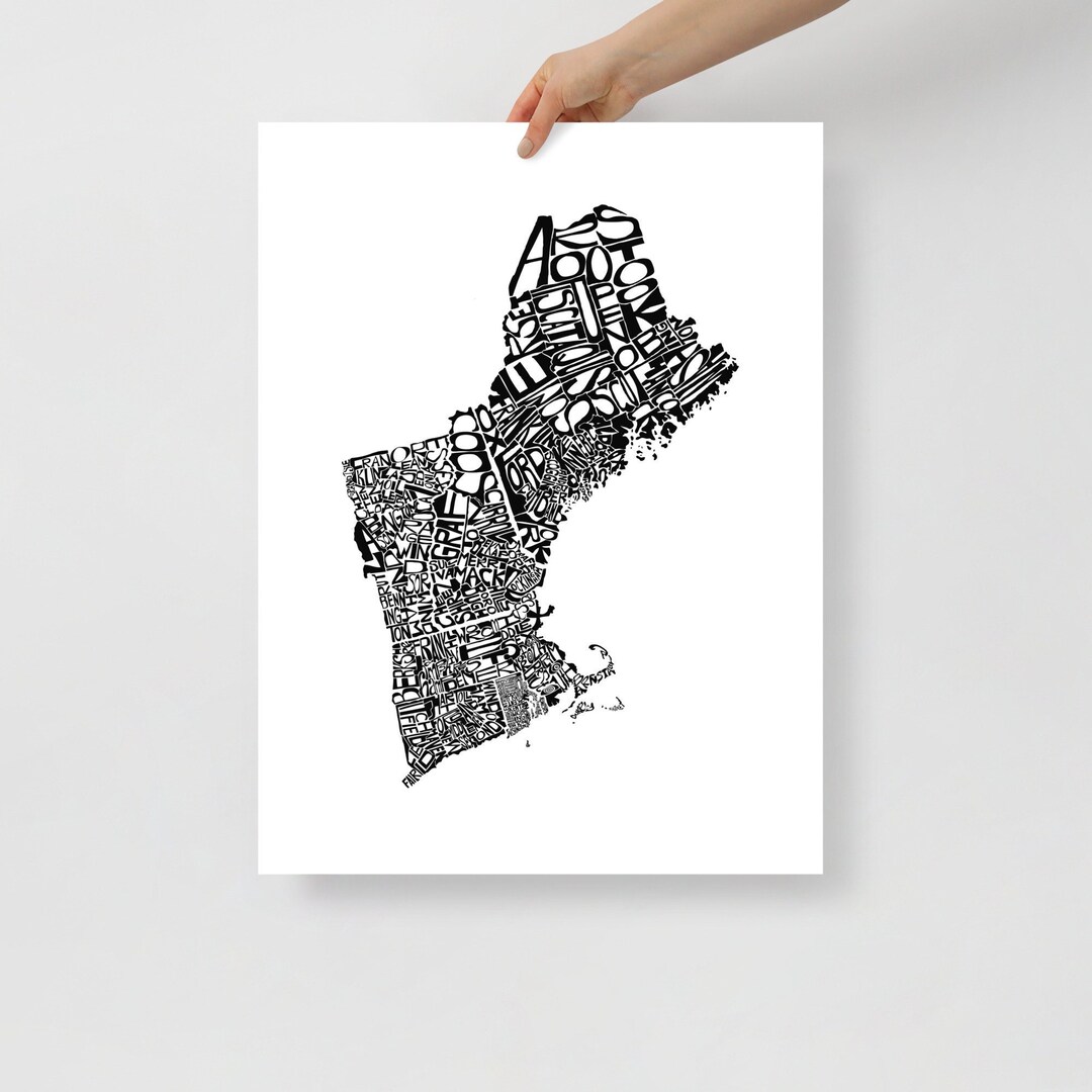 New England Typography Map Art Unframed Print Customizable Personalized ...