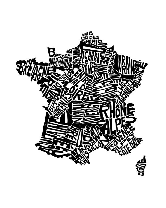 France Typography Map Art Unframed Print Custom Francophile | Etsy
