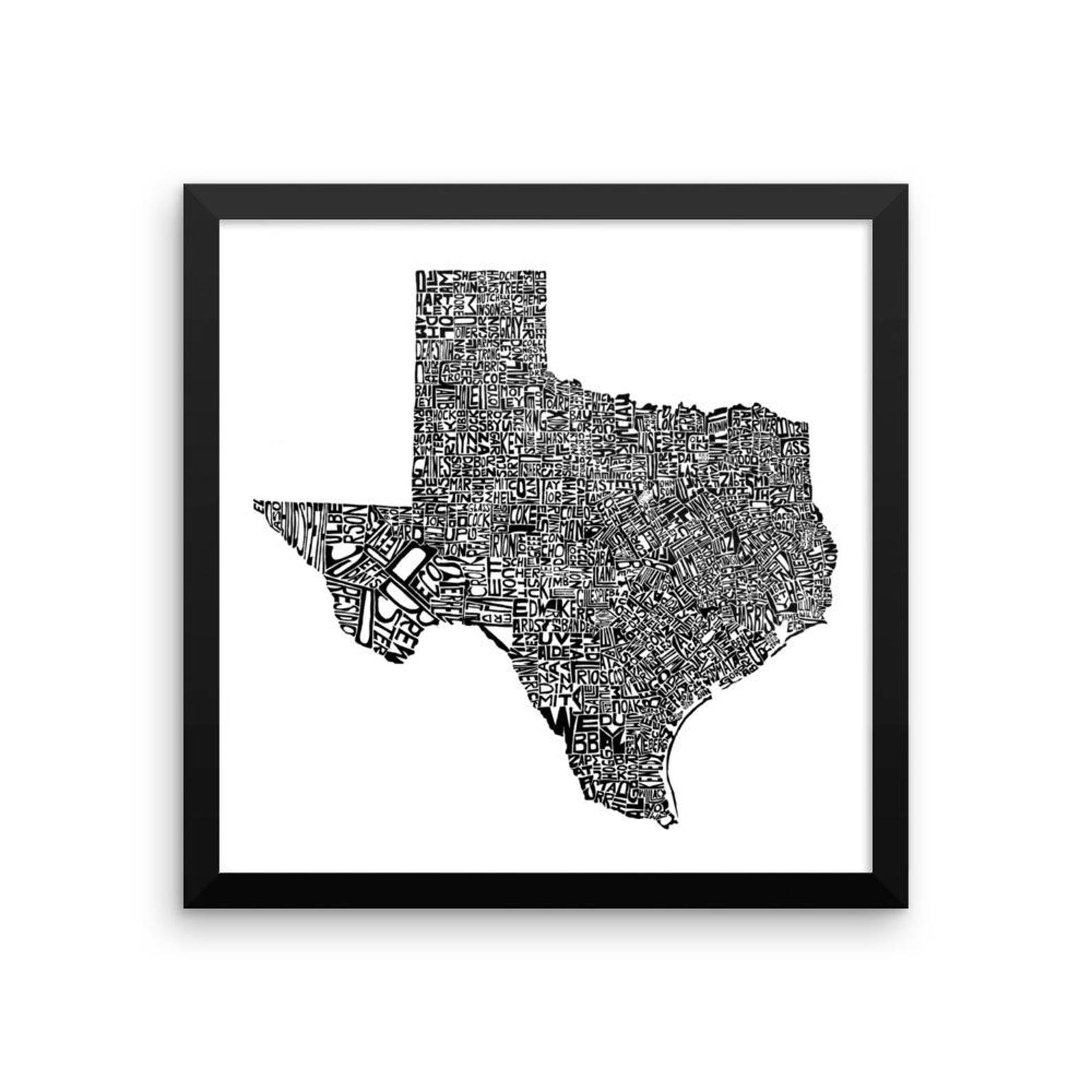 Texas Typography Map Art FRAMED Print Customizable | Etsy