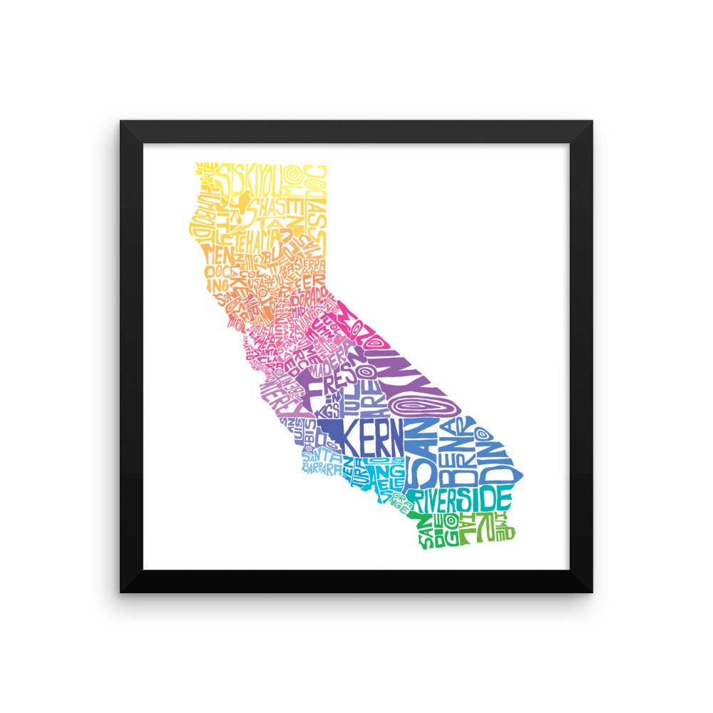 California Typography Map Art FRAMED Print Custom State Poster | Etsy