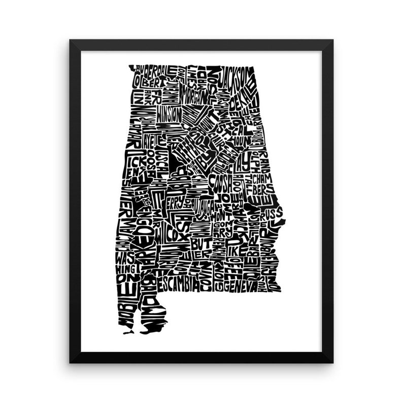 Alabama Typography Map Art FRAMED Print Customizable State | Etsy
