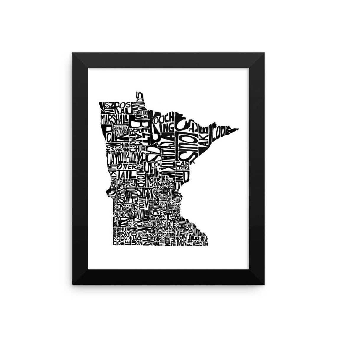 Minnesota Typography Map Art FRAMED Print Customizable | Etsy
