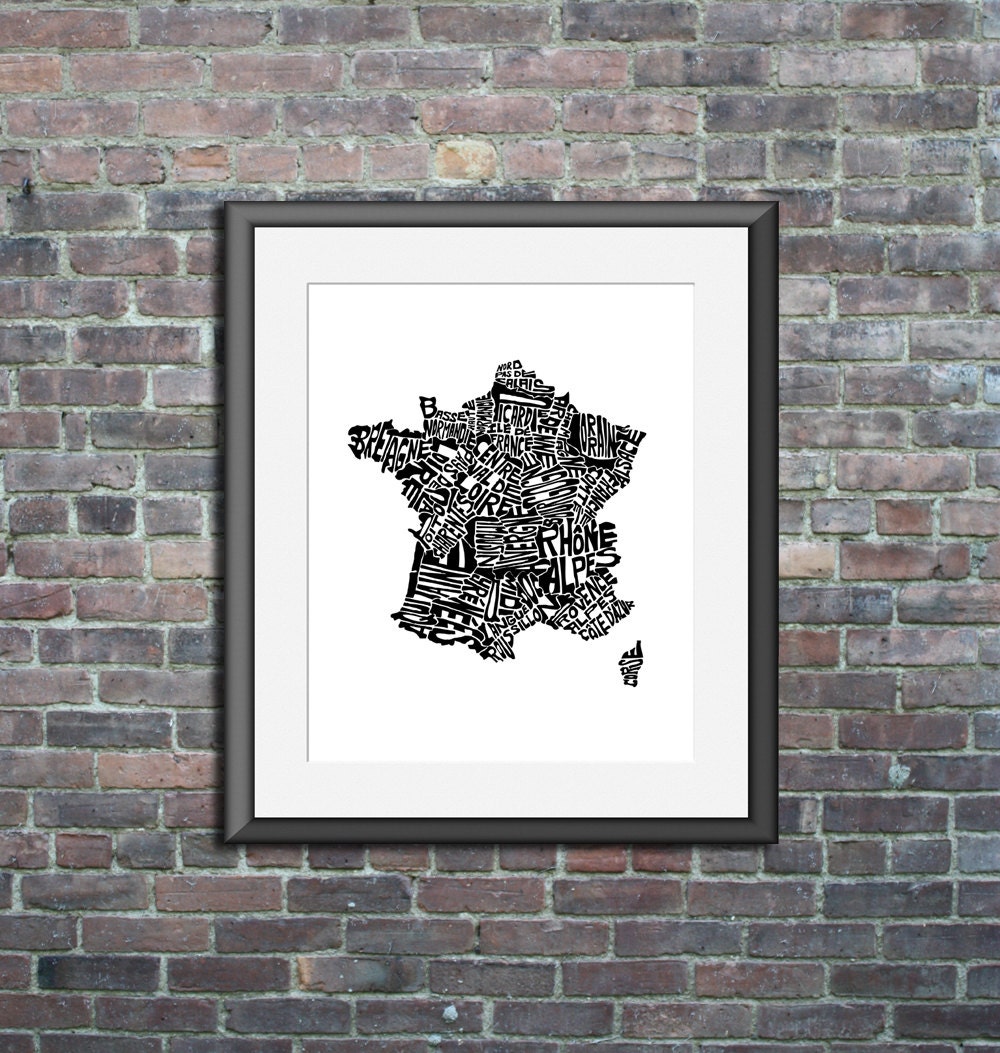 France Typography Map Art Unframed Print Custom Francophile | Etsy