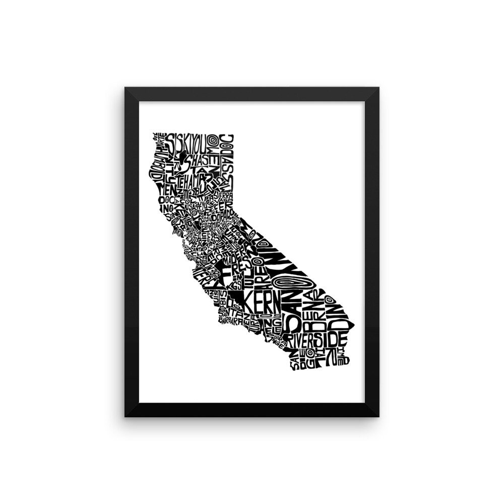 California Typography Map Art FRAMED Print Custom State Poster | Etsy
