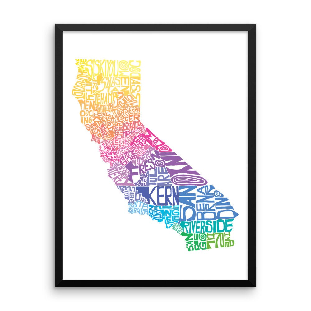California Typography Map Art FRAMED Print Custom State Poster | Etsy