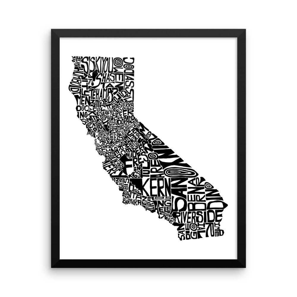 California Typography Map Art FRAMED Print Custom State Poster | Etsy